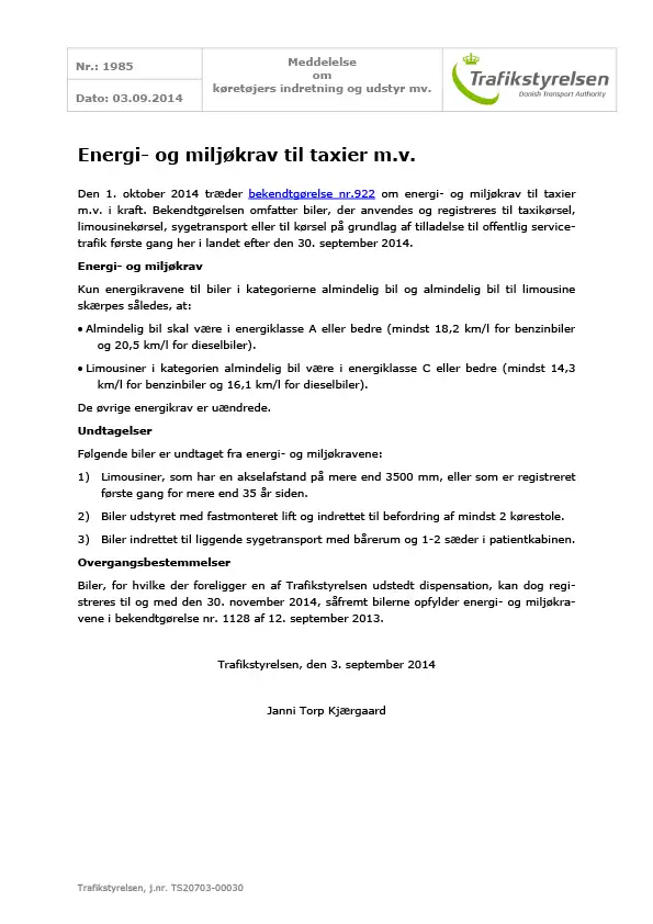 Meddelelse nr 1985 - Energi- og miljøkrav til taxier m.v. - Om ...