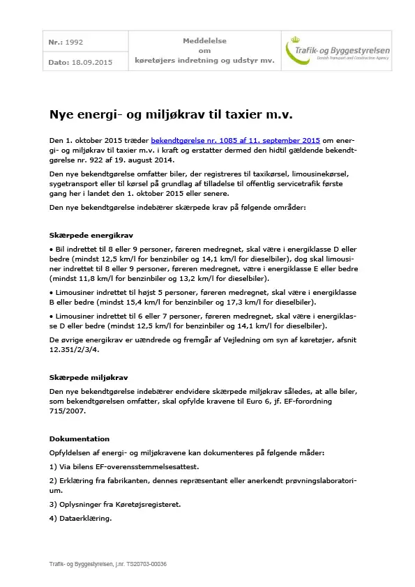 Meddelelse nr 1992 - Nye energi- og miljøkrav til taxier m.v. - Om ...